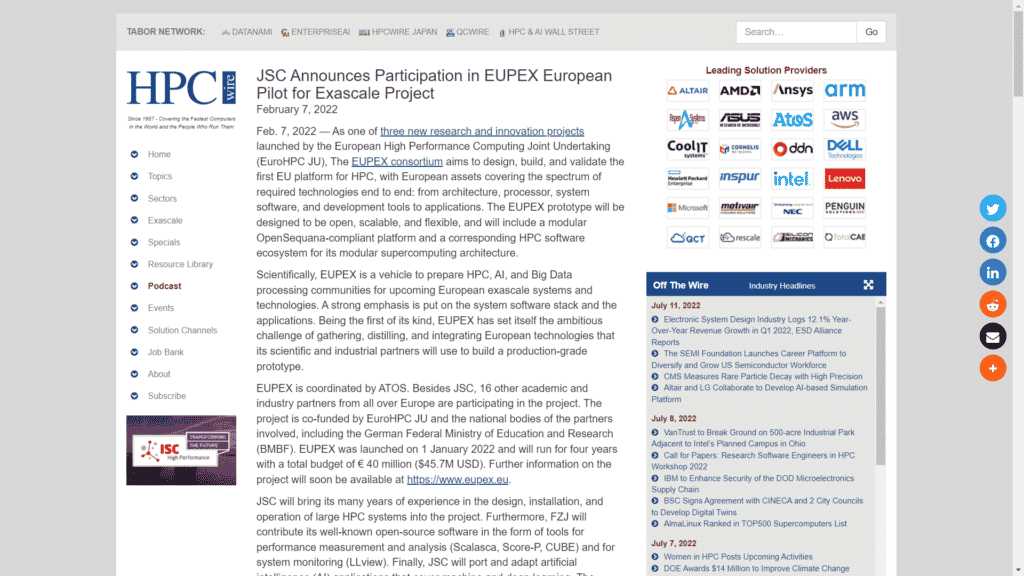 Eupex - JSC Announces Participation in EUPEX European Pilot for Exascale Project